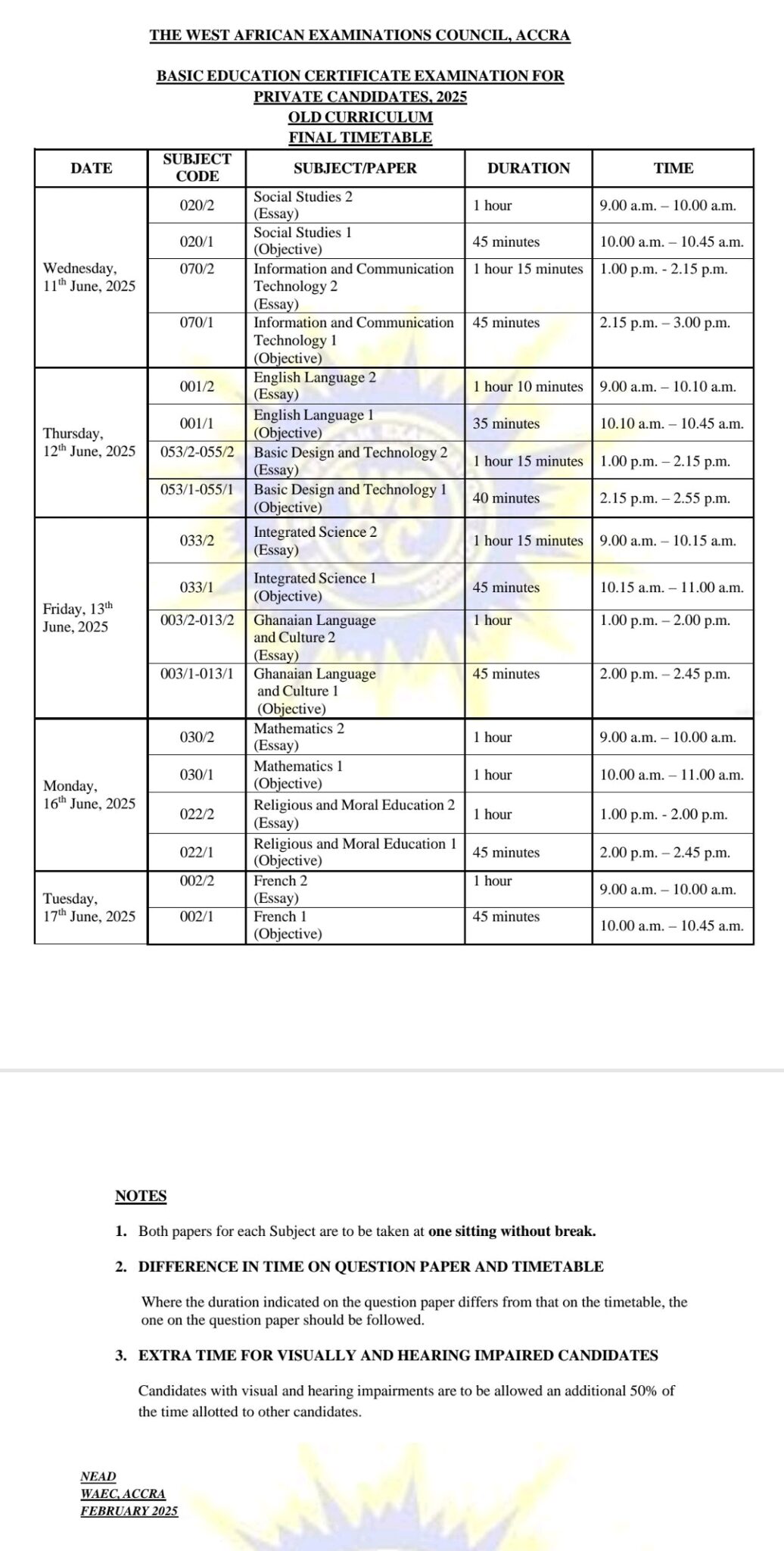 WAEC Released Final Timetable For BECE 2025 – GH EDUCATE