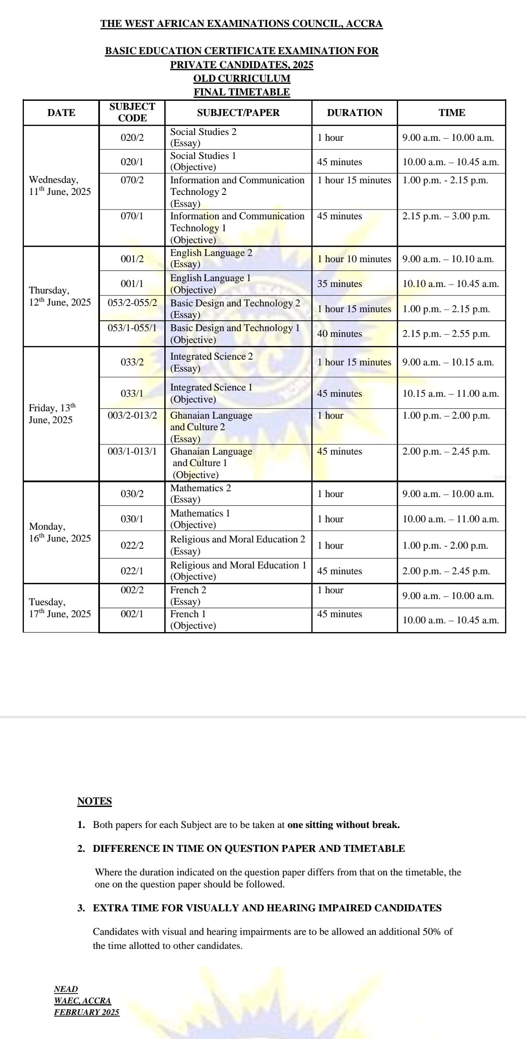 WAEC Released Final Timetable For BECE 2025 – GH EDUCATE
