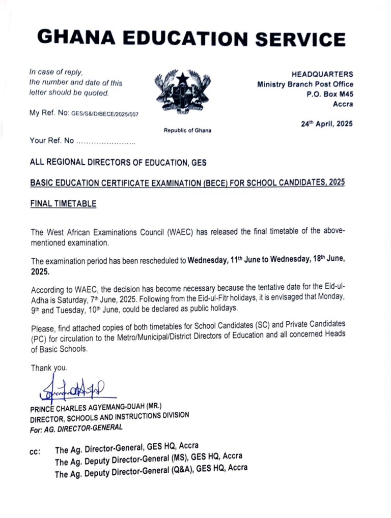 WAEC Released Final Timetable For BECE 2025 – GH EDUCATE