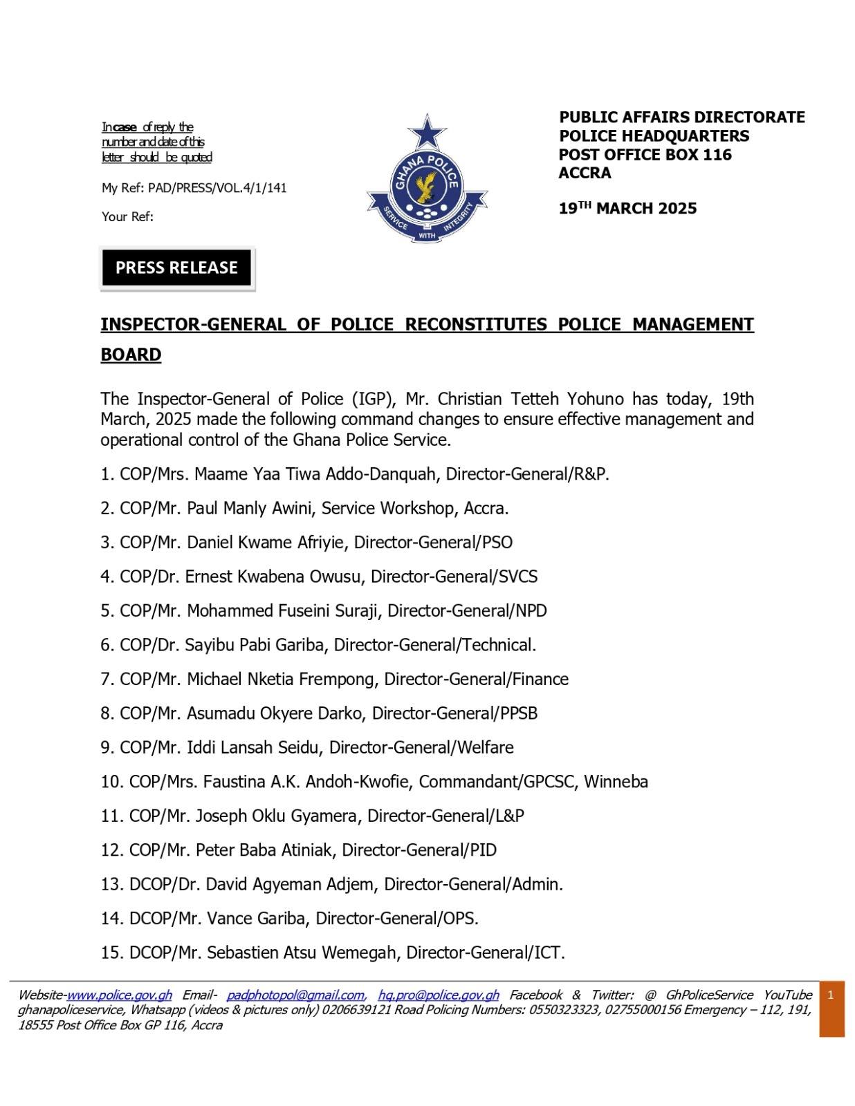 IGP Yohuno Forms New Police Management Board – GH EDUCATE